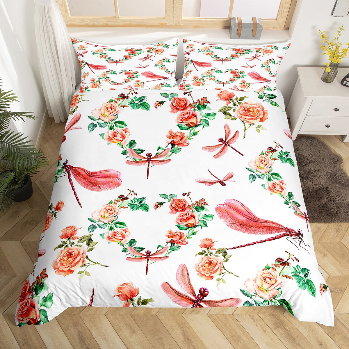 YST Rose Dragonflies Bedding Set Full Pink Dragonfly Comforter Cover ...