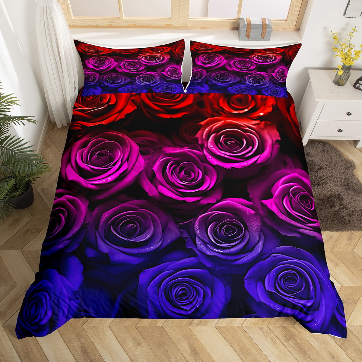 YST Rose Duvet Cover Queen,Red Purple Blue Ombre Floral Bedding Set For ...