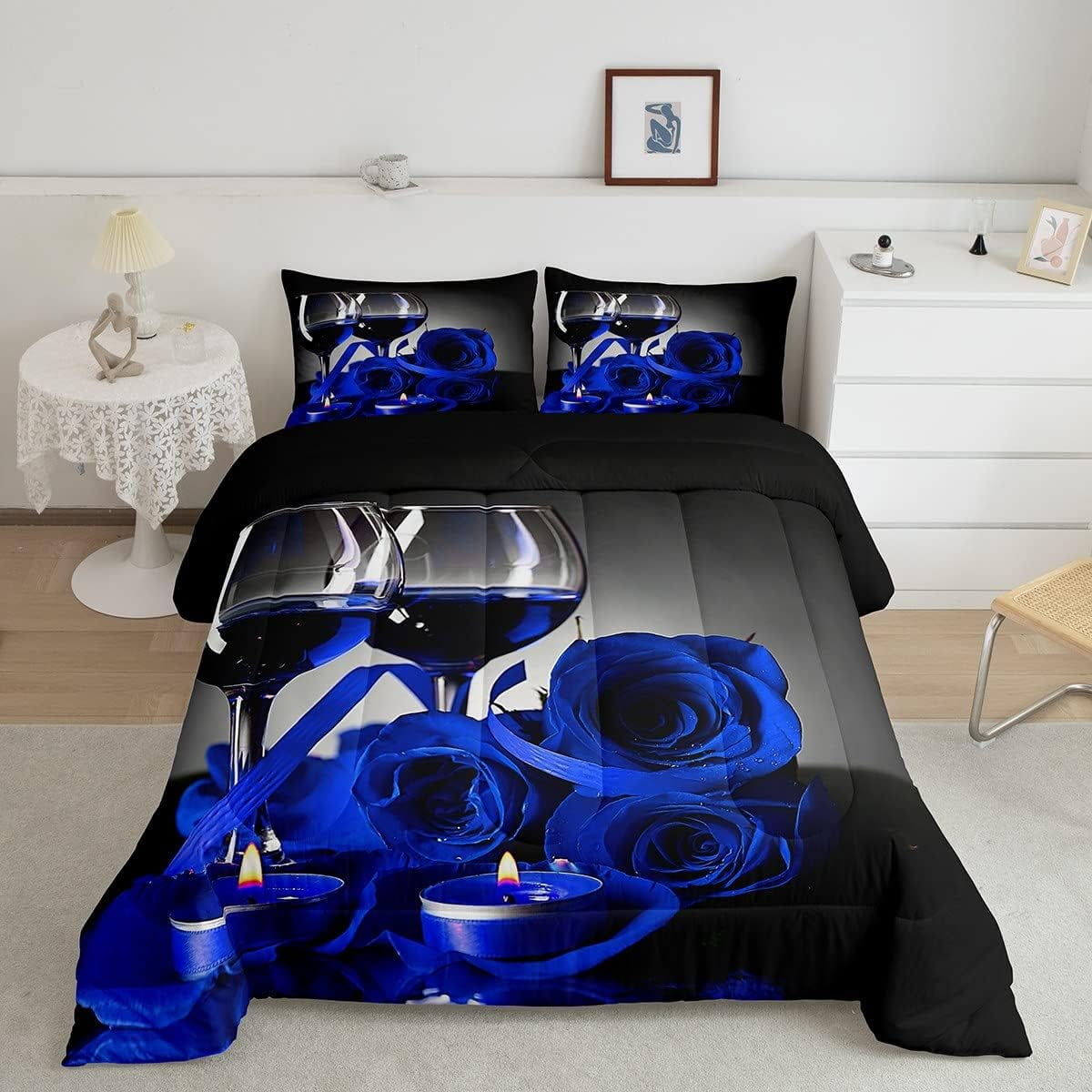 Rose Floral Bedding Set Queen 3D Blue Rose Wine Glass Comforter Set for ...