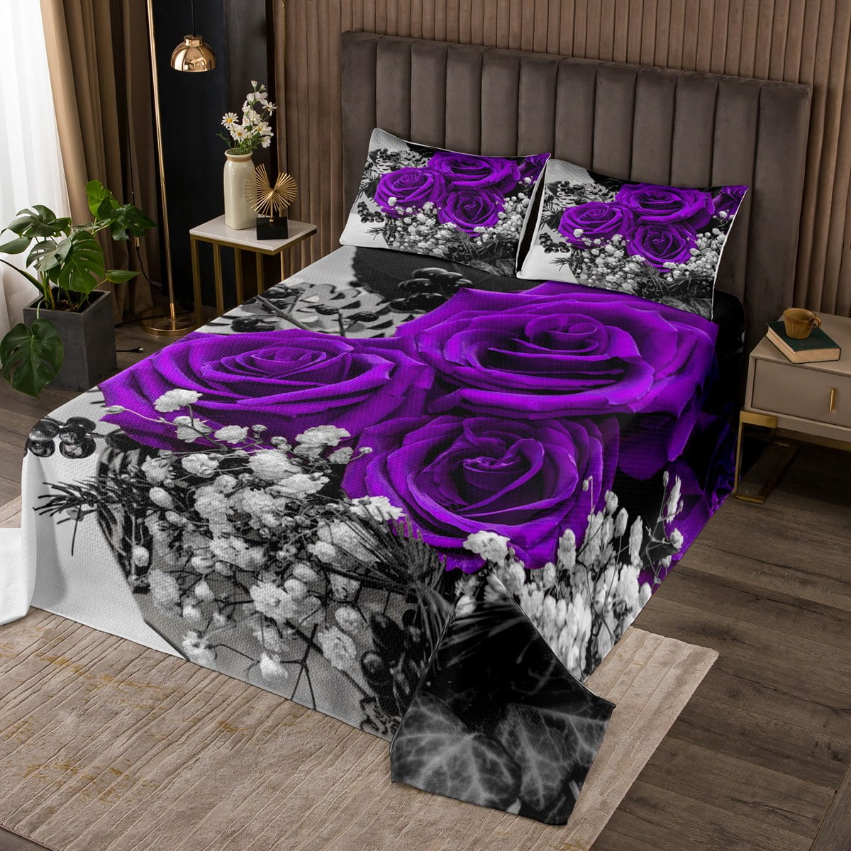 YST Rose Floral Coverlet Set King Size, Girls Women Purple Rose Quilt ...