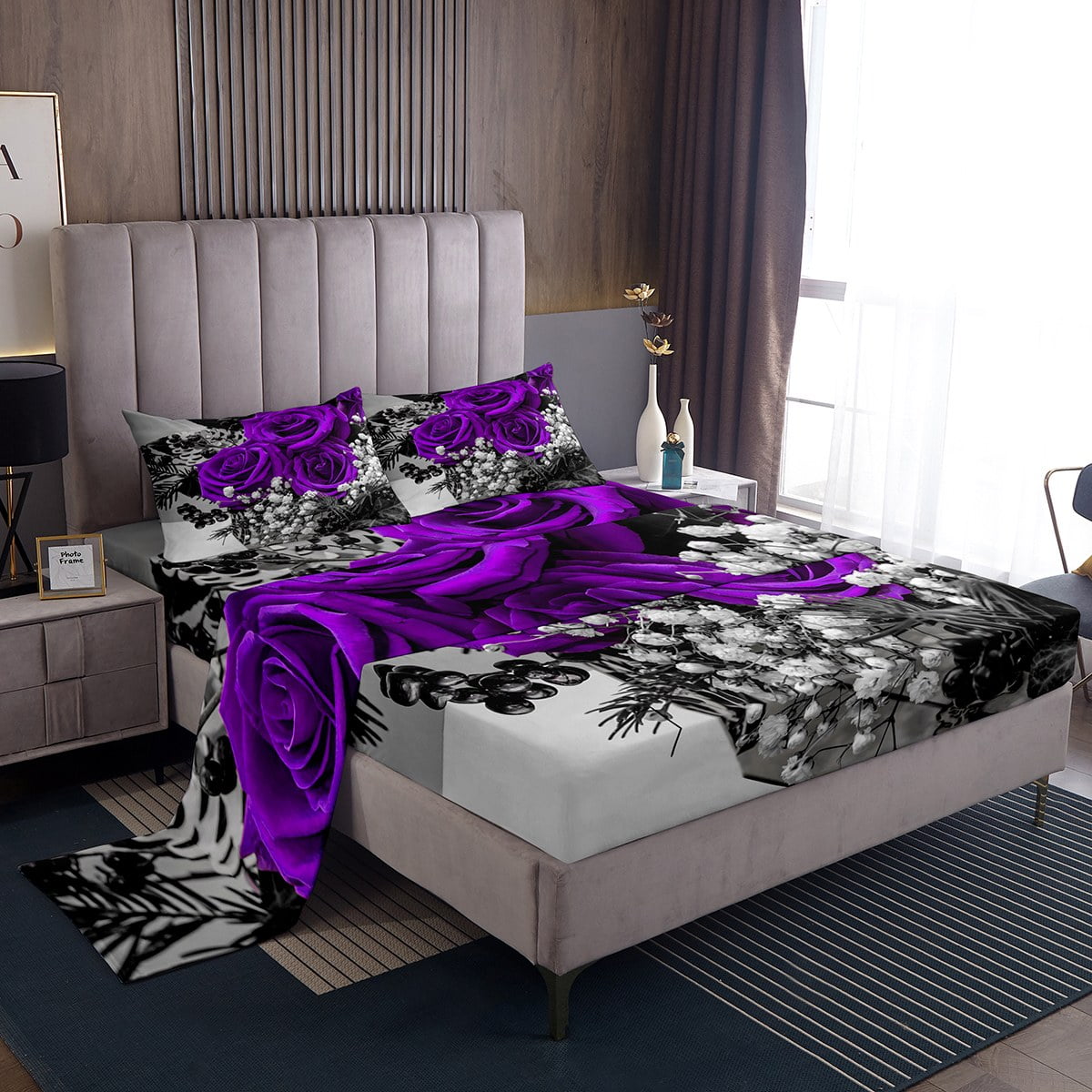 Rose Floral Sheet Set Full Size, Women Purple Rose Bed Sheets Set ...