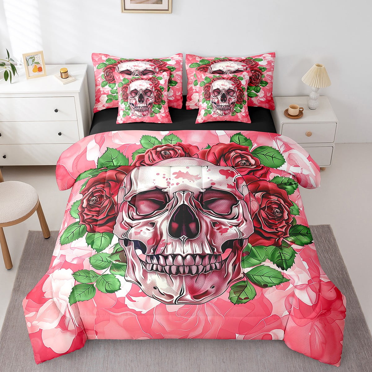 Rose Skull Bed In A Bag 7 Piece Gothic Floral Skeleton Queen Comforter ...