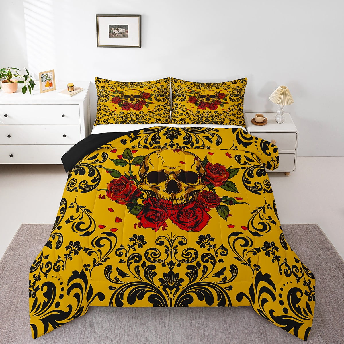 Erosebridal Rose Skull Bedding Comforter Sets Black Damask Floral ...