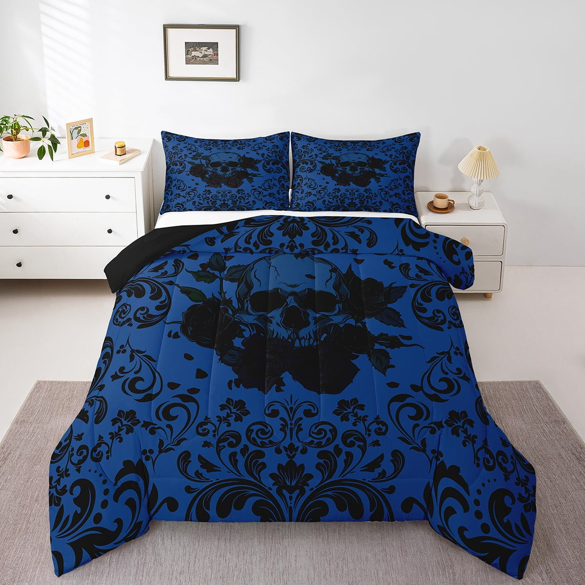 Erosebridal Rose Skull Bedding Comforter Sets Queen Black Damask Floral ...