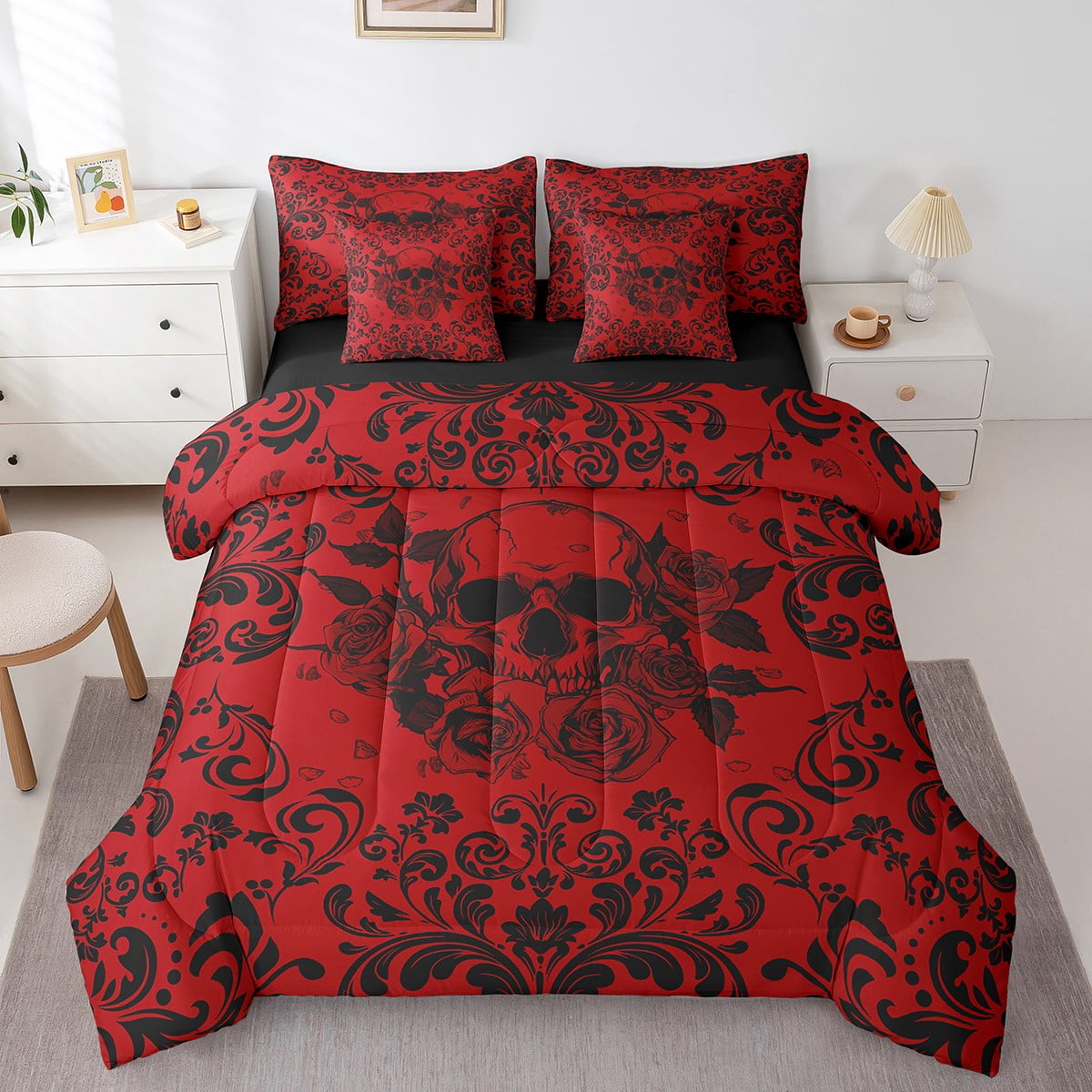 Erosebridal Rose Skull Bedding Set 7 Piece Queen Damask Floral Gothic ...
