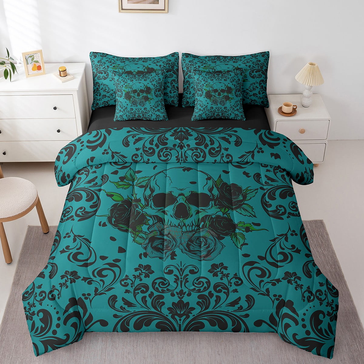 Rose Skull Queen Comforter Set 7 Piece,Teal Black Halloween Gothic ...
