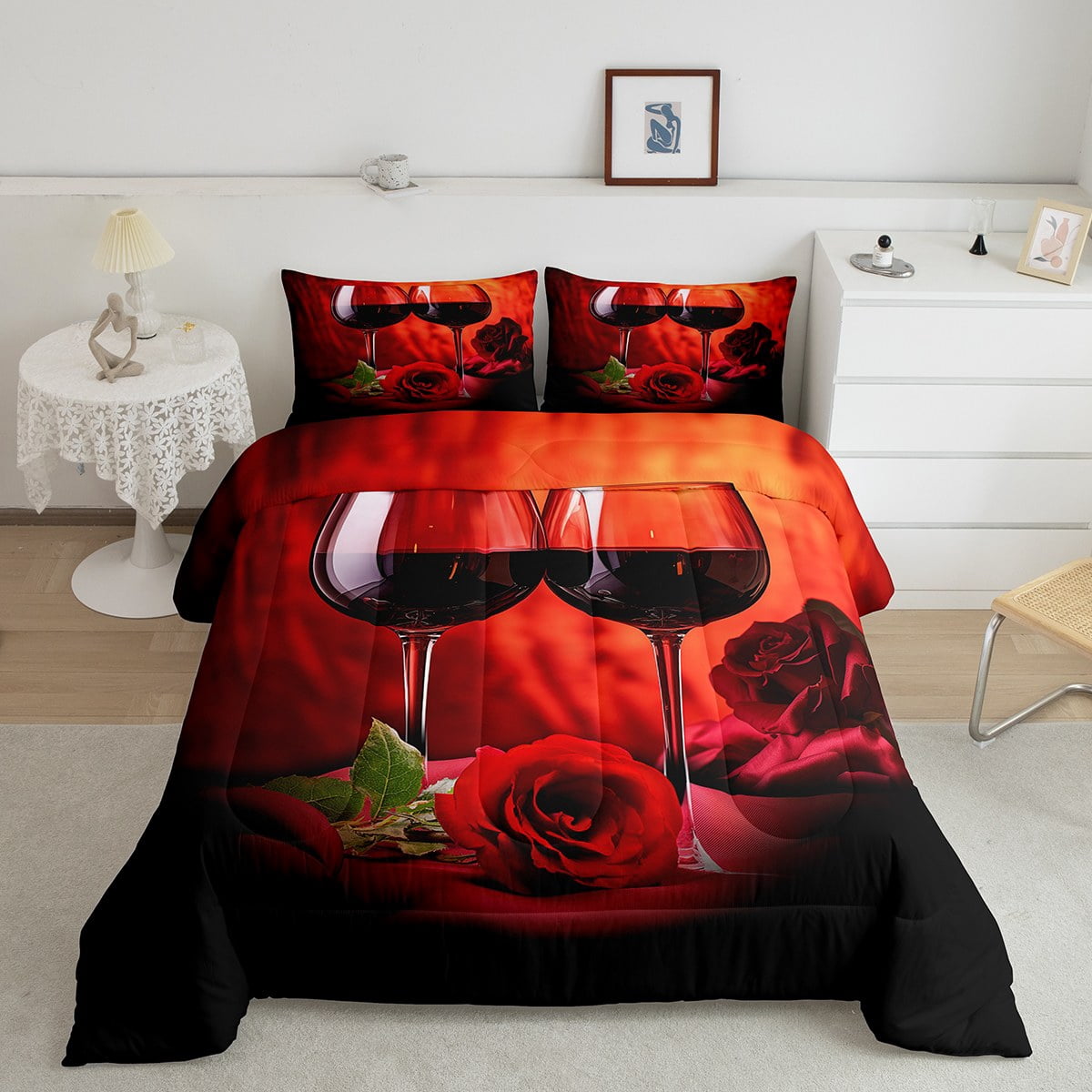 Erosebridal Rose Wine Glass Bedding Red Rose King Bed Comforter Set ...