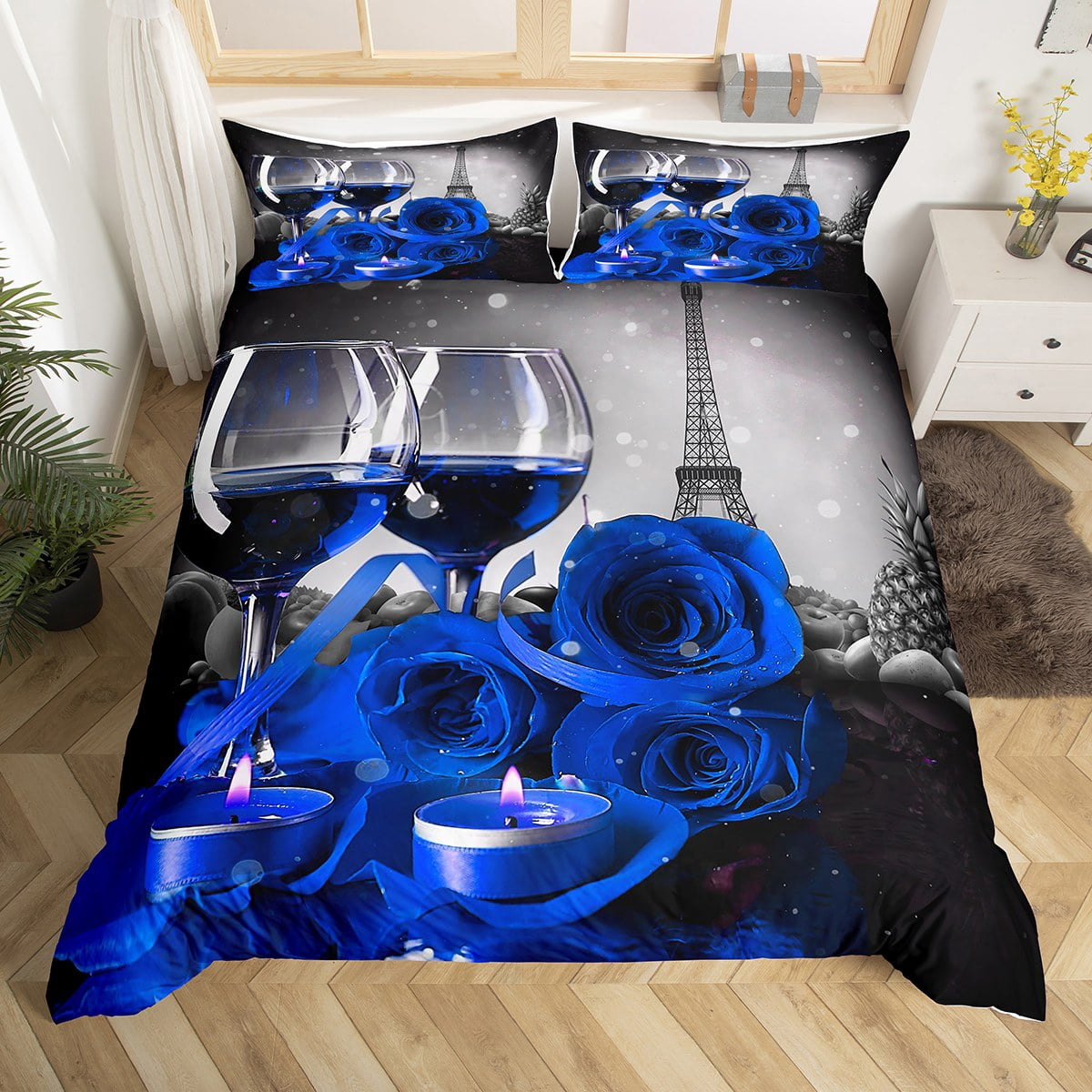 Erosebridal Rose Wine Glass Duvet Cover Eiffel Tower Bedding Set Queen ...