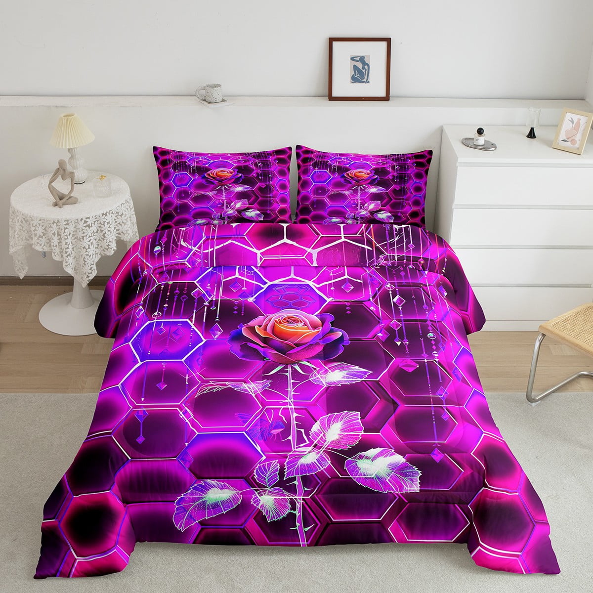 Erosebridal Roses Comforter Set, 3D Geometric Flowers Printed Bedding ...