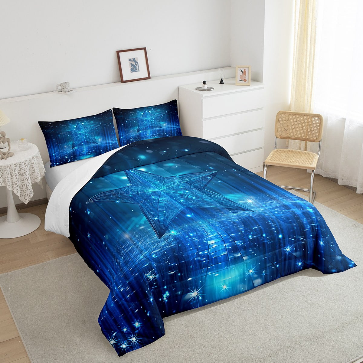 Royal Blue and Black Comforter Set Full Star Geometric Bedding Set for ...