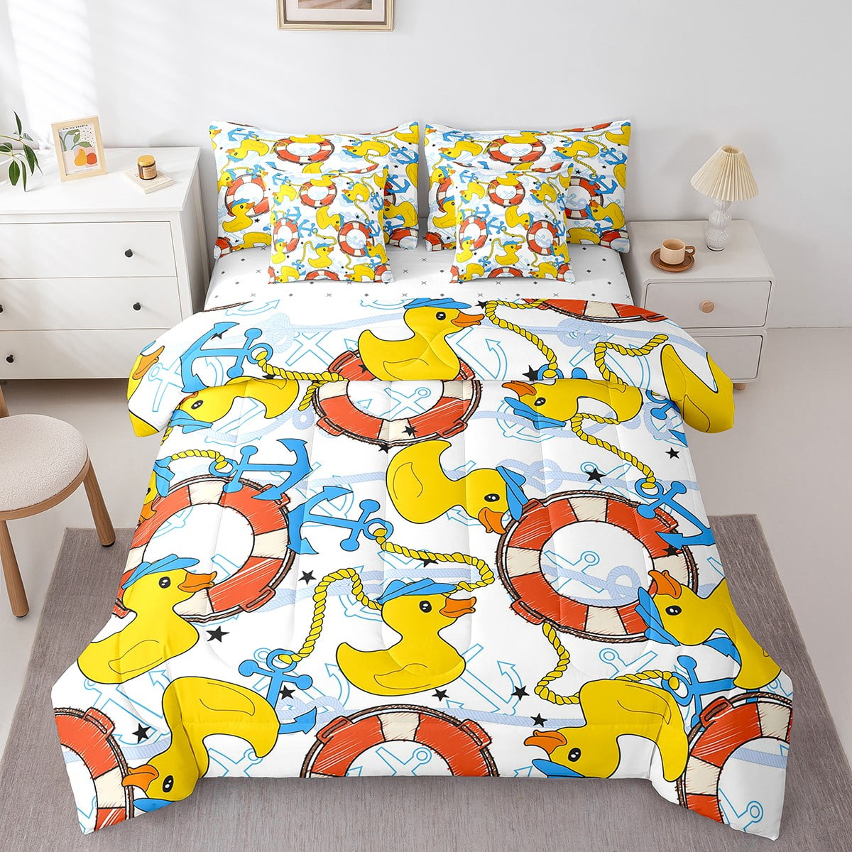 Rubber Duck Queen Comforter Set 7 Pcs,Nautical Anchor Bed in a Bag with ...