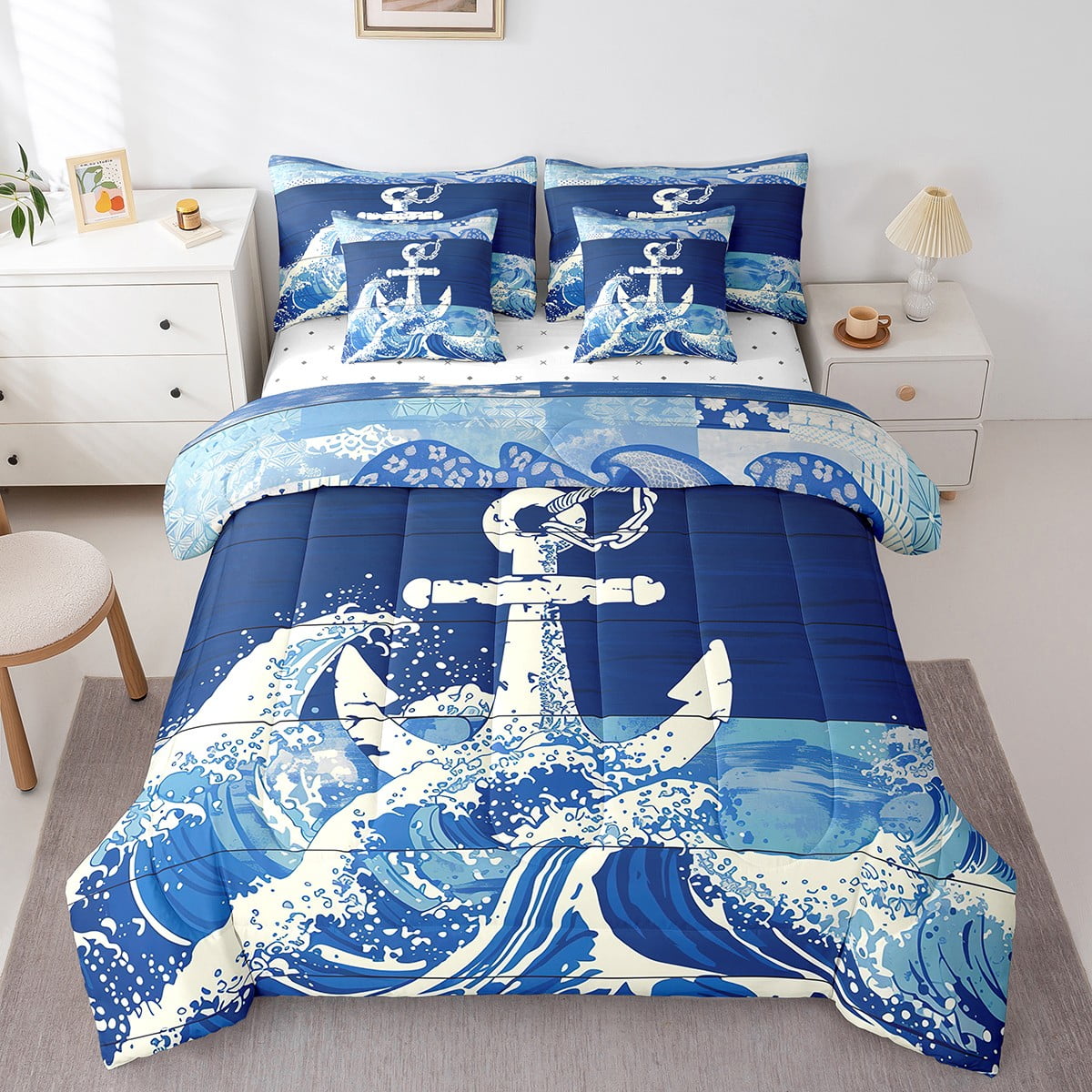 Erosebridal Rustic Anchor Bed in A Bag,Japan Ocean Wave Comforter Set ...