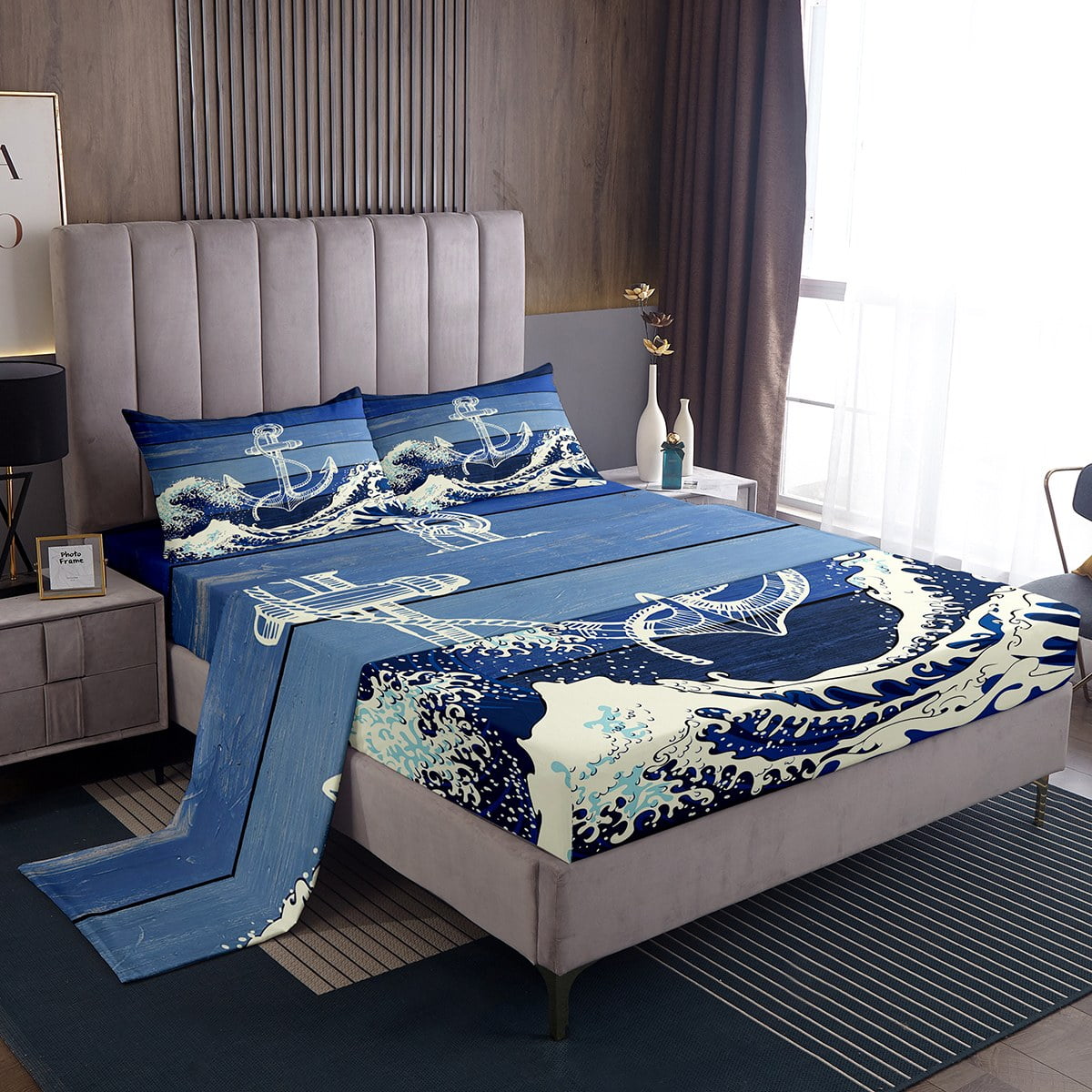 YST Rustic Anchor Bed Sheets Set for Kids Boys Girls,Japan Ocean Wave ...