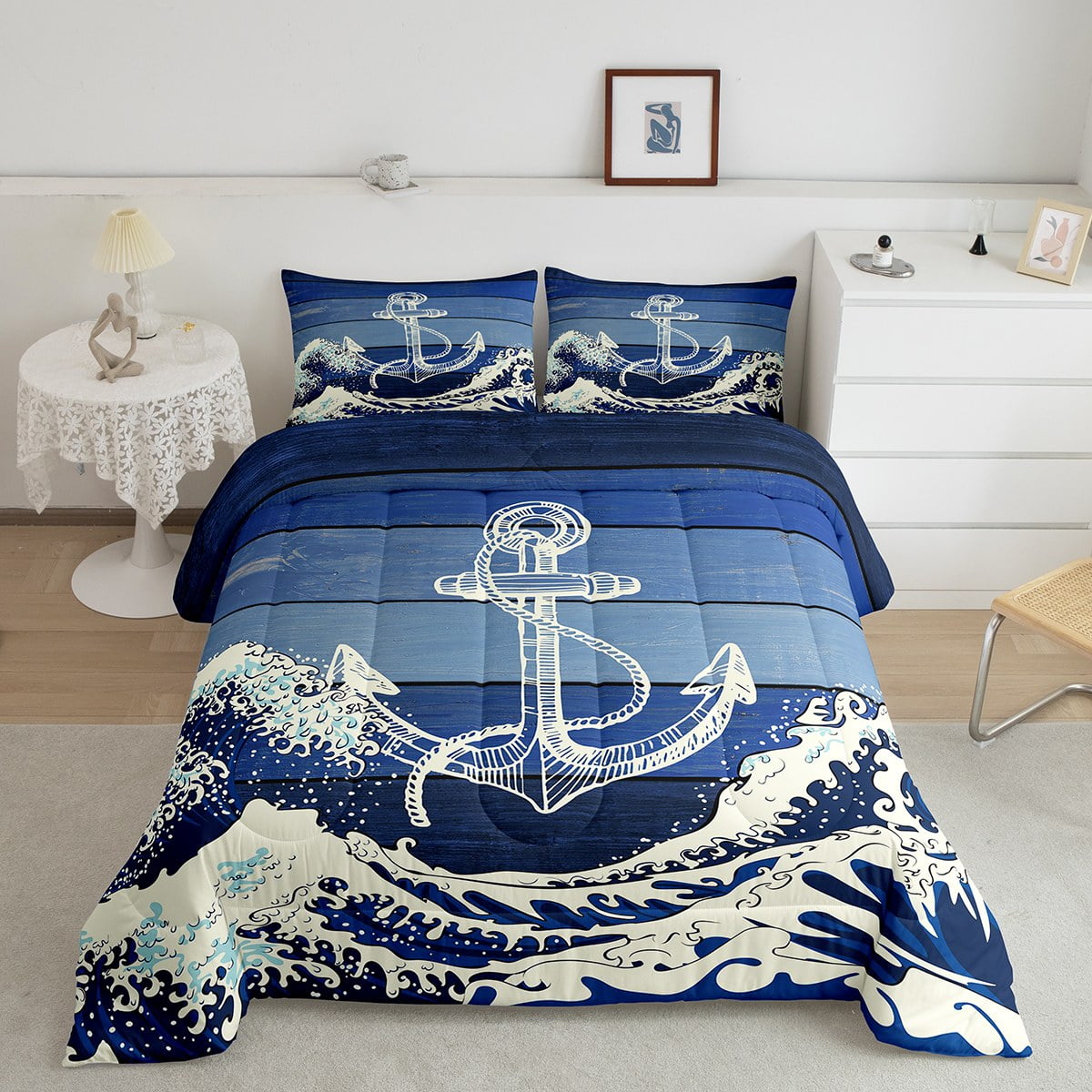 YST Rustic Anchor Comforter Set for Kids Boys Girls,Japan Ocean Wave ...