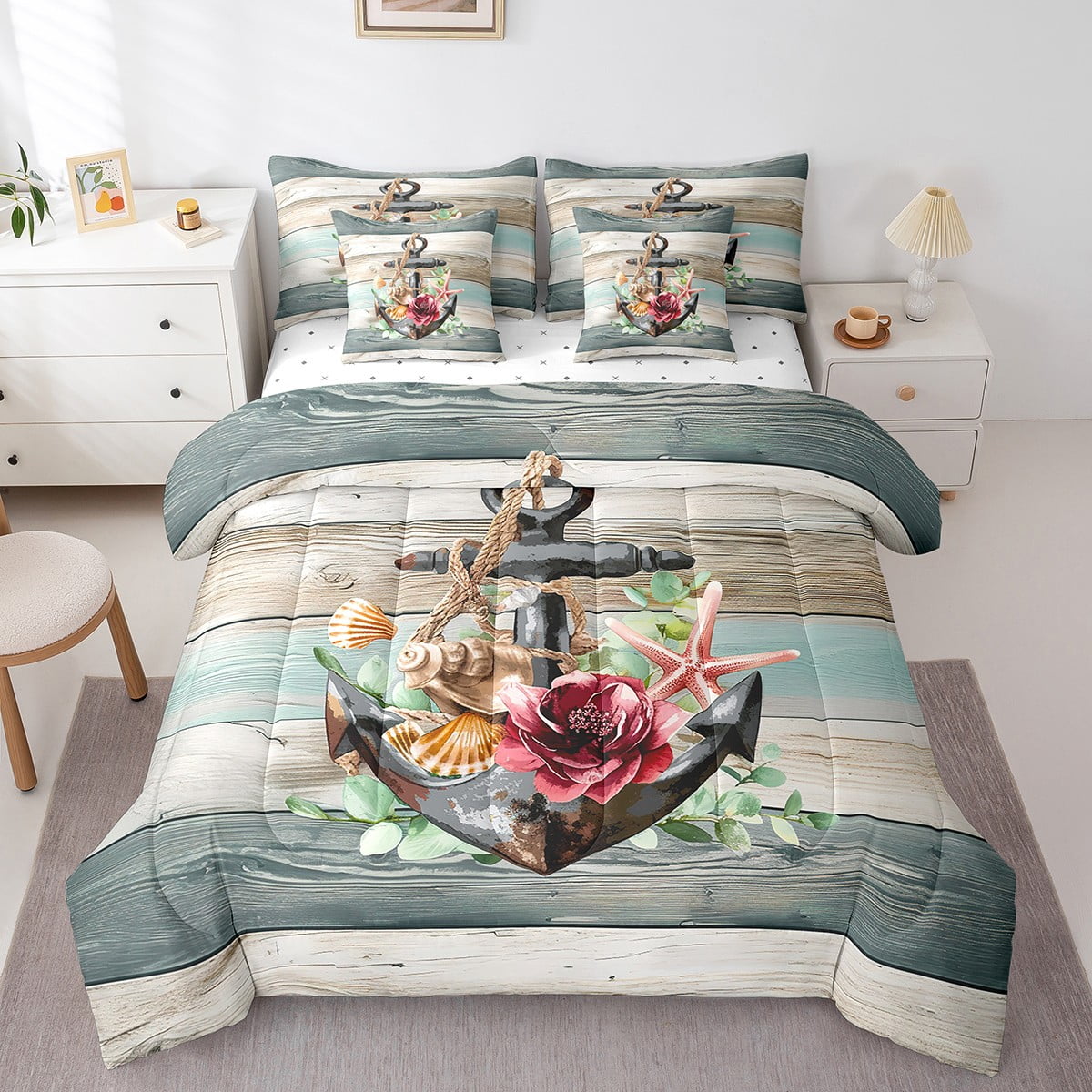 YST Rustic Anchor Comforter Set Twin,Nautical Anchor Bed in A Bag ...