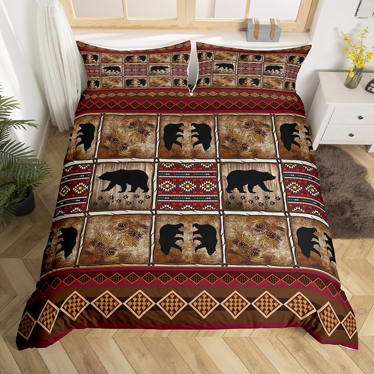 YST Rustic Bear Comforter Cover Twin Retro Farmhouse Lodge Cabin Bedding Sets Patchwork Country ...