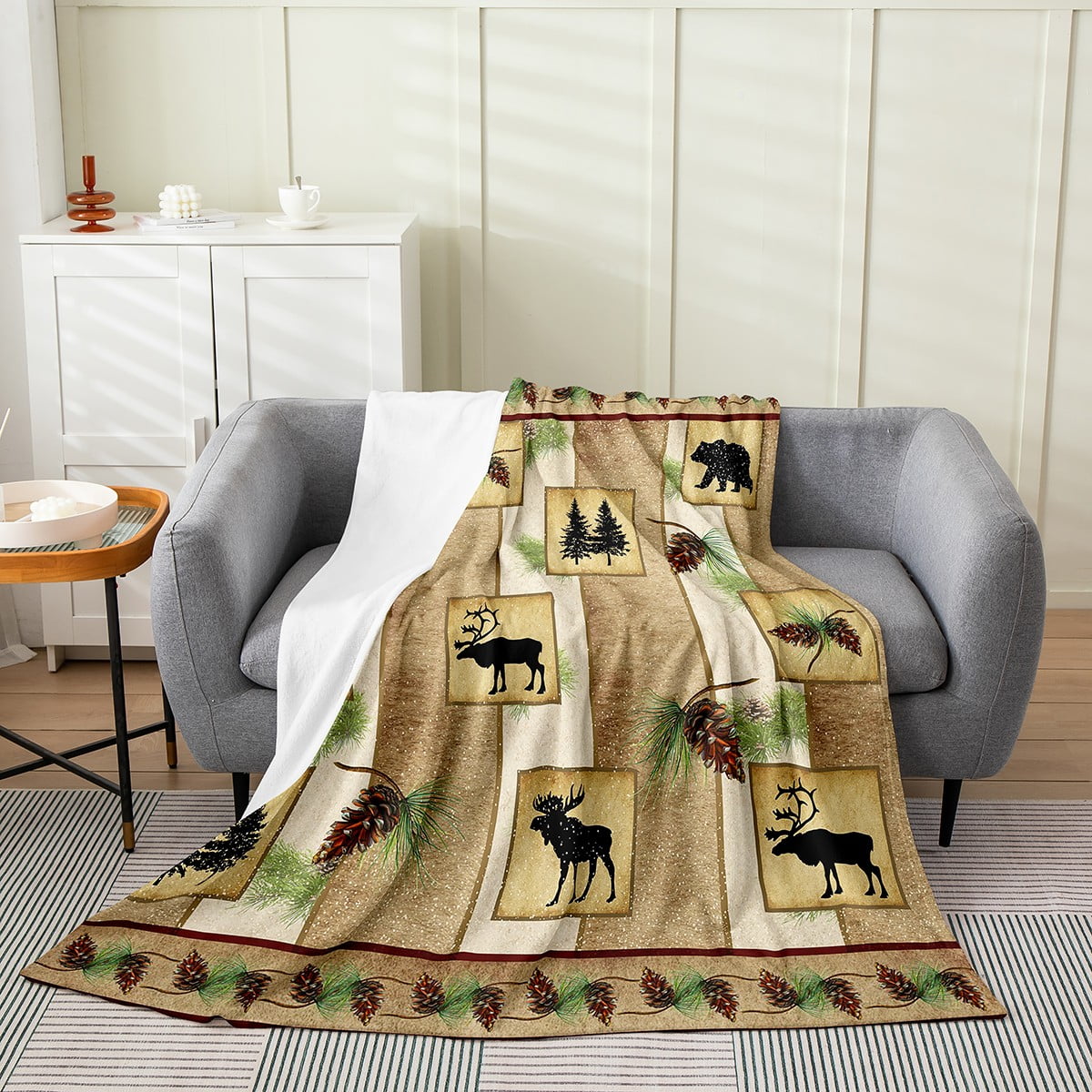 Rustic Blanket Bear Moose Elk Deer Hunting Fleece Blanket Pine Tree ...
