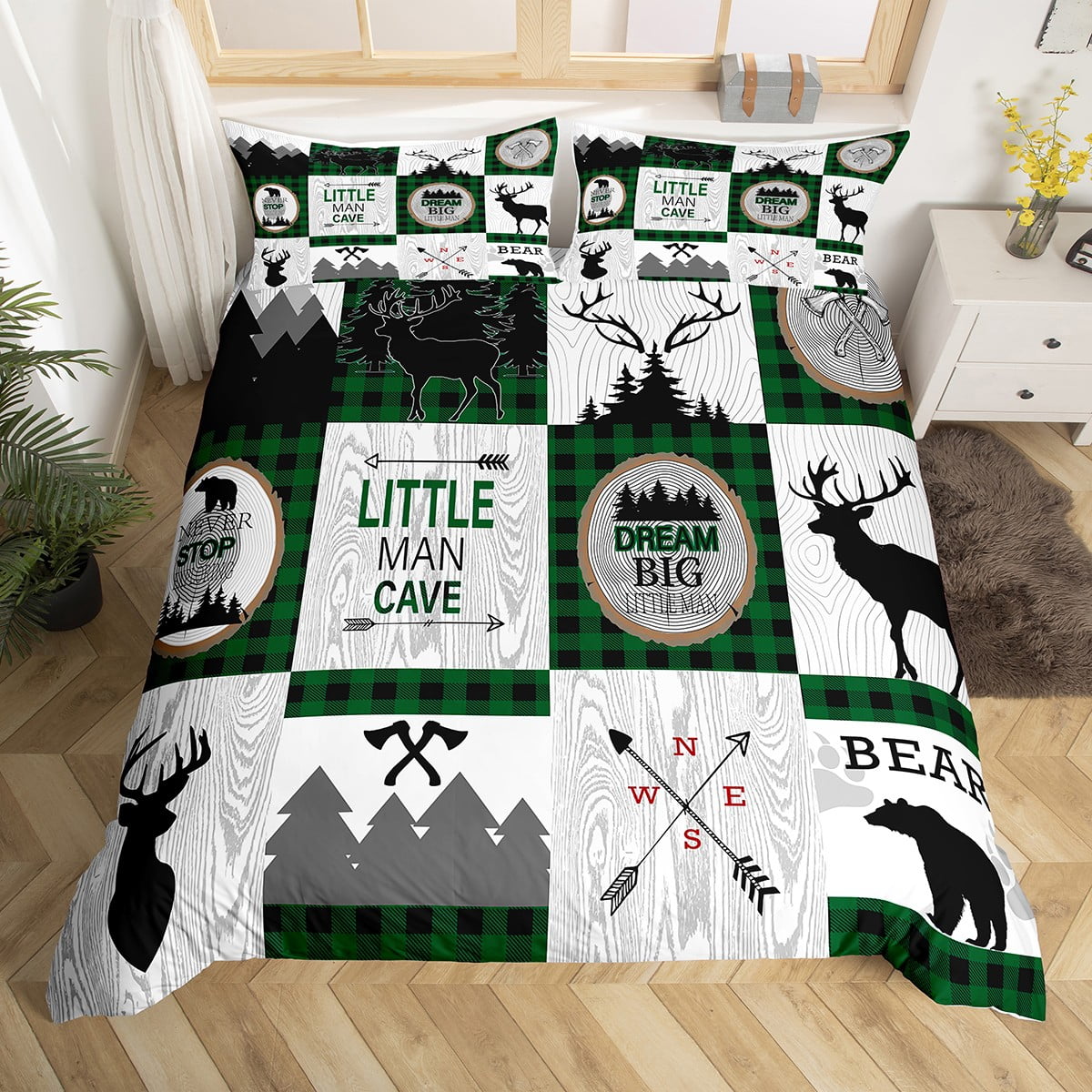 Rustic King Bedding Sets,Blue Black Plaid Deer Antlers Bear Comforter ...