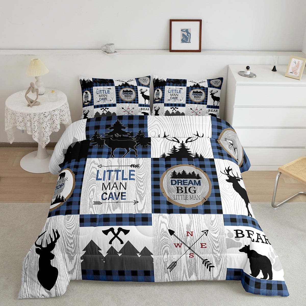 Erosebridal Rustic Queen Bedding Sets,Blue Black Plaid Deer Antlers ...