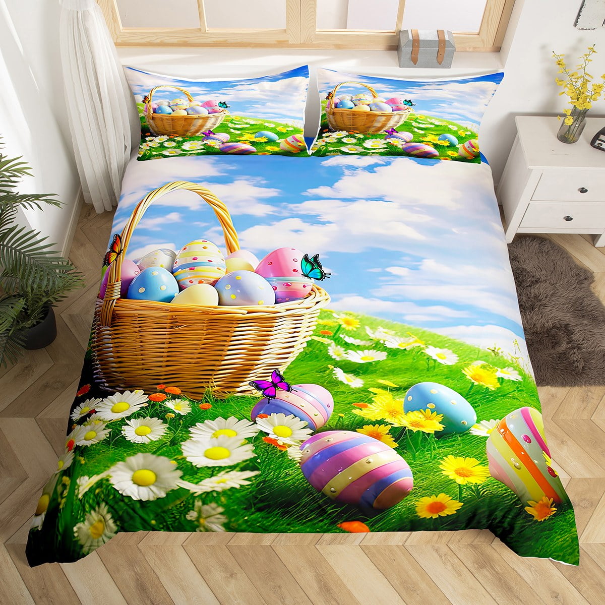 YST Rustic Butterfly Bedding Set King Size Easter Eggs Print Duvet ...