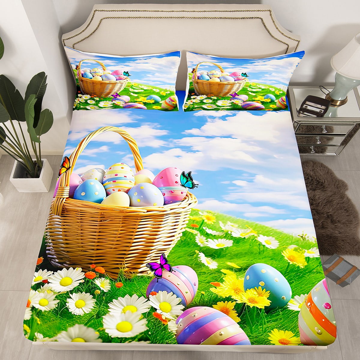 YST Rustic Butterfly Fitted Sheet Full Size Easter Eggs Print Bed ...