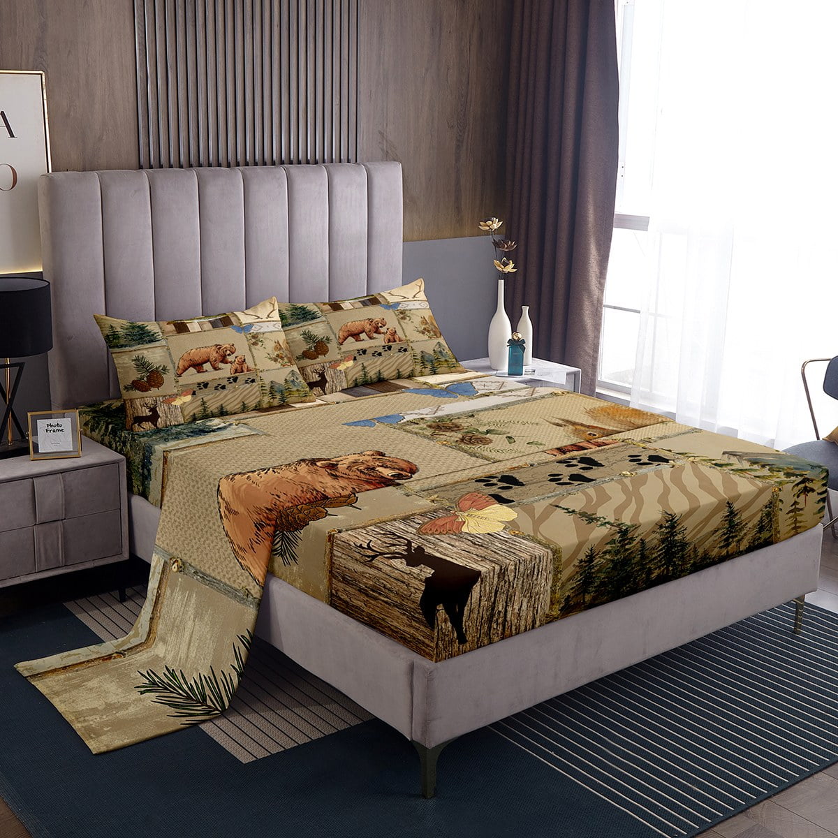Rustic Cabin Bed Set Jungle Bears Bed Sheets Country Nature Fitted Sheet Bear Paw Print Moose ...