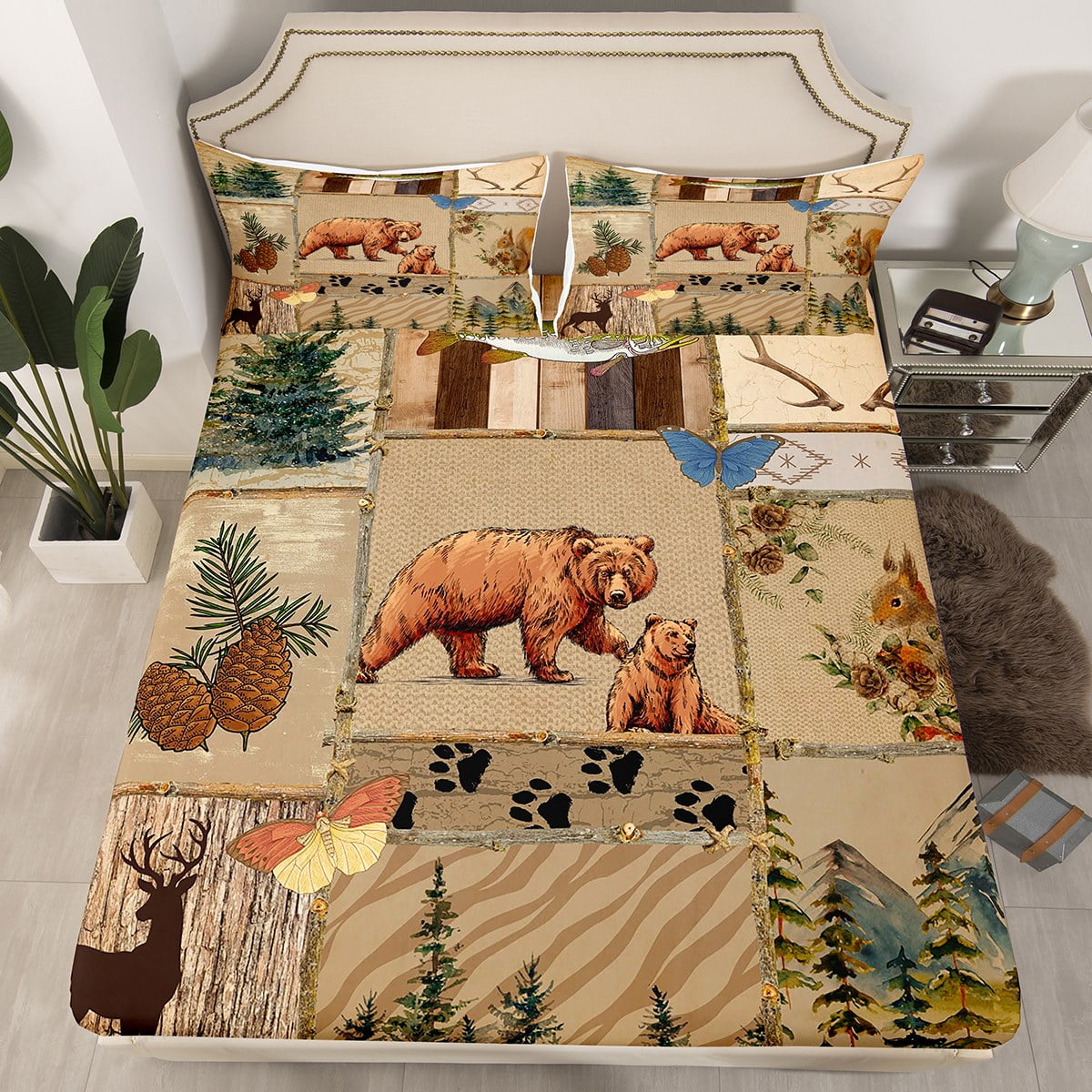 YST Rustic Cabin Bed Sheets Jungle Bears Fitted Sheet Country Nature ...