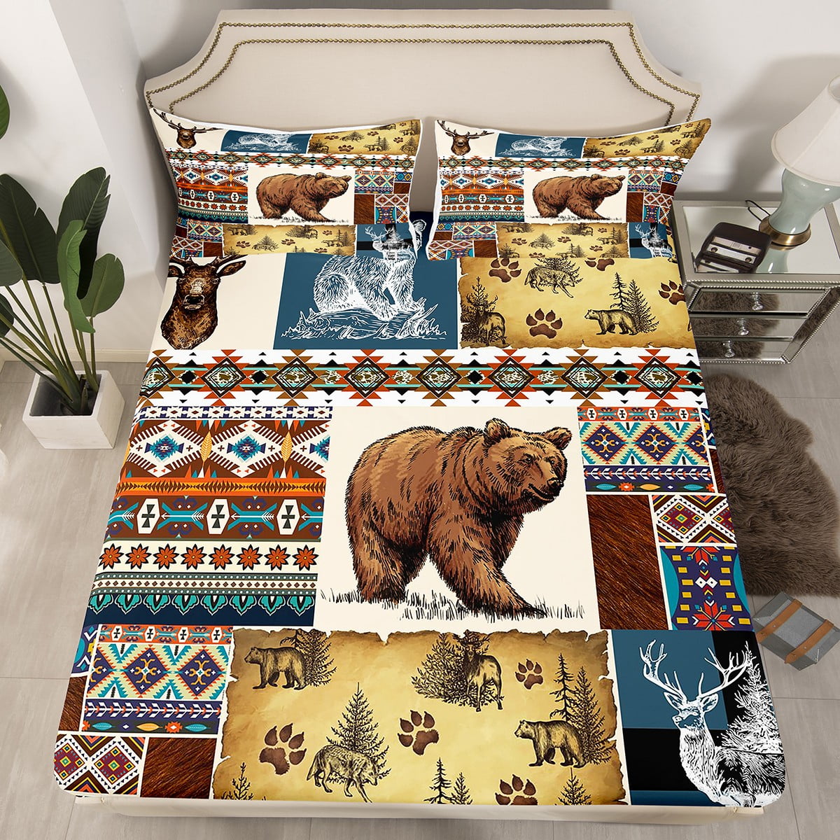 Erosebridal Rustic Cabin Bed Sheets Boho Aztec Sheets,Woodland Animals ...