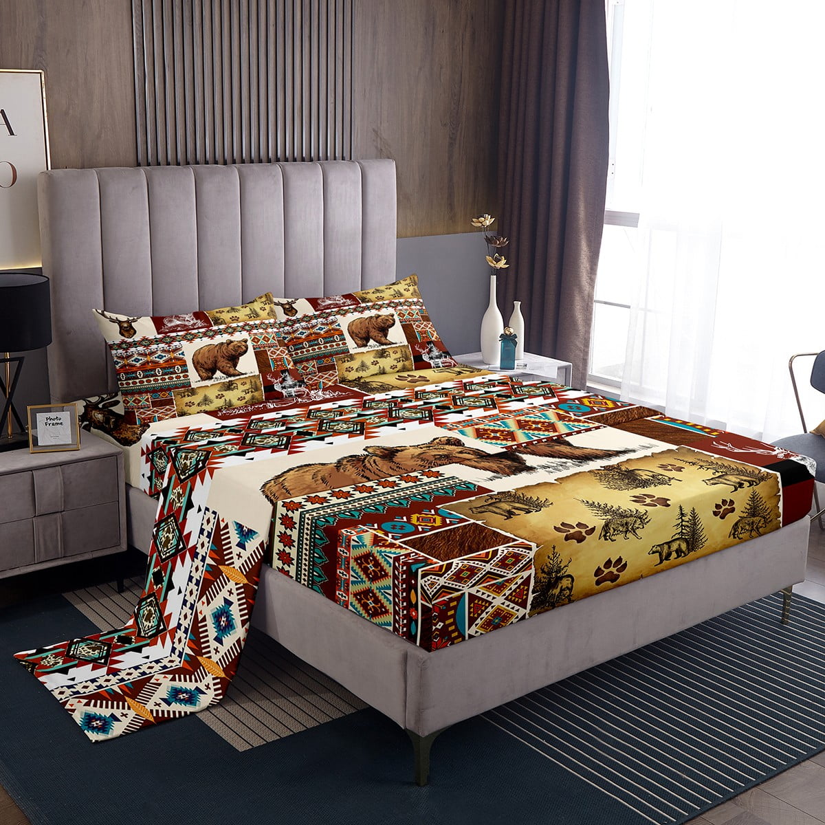 YST Rustic Cabin Bed Sheets Set Bohemian Aztec Sheets,Woodland Animals ...