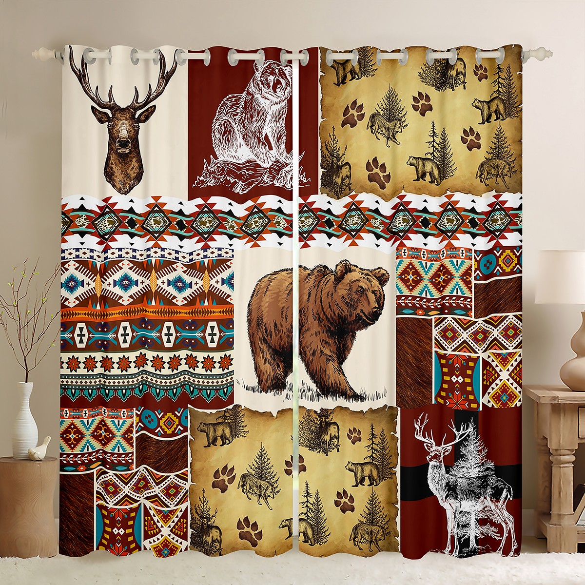 YST Rustic Cabin Curtains & Drapes Boho Aztec Curtains,Woodland Animals ...