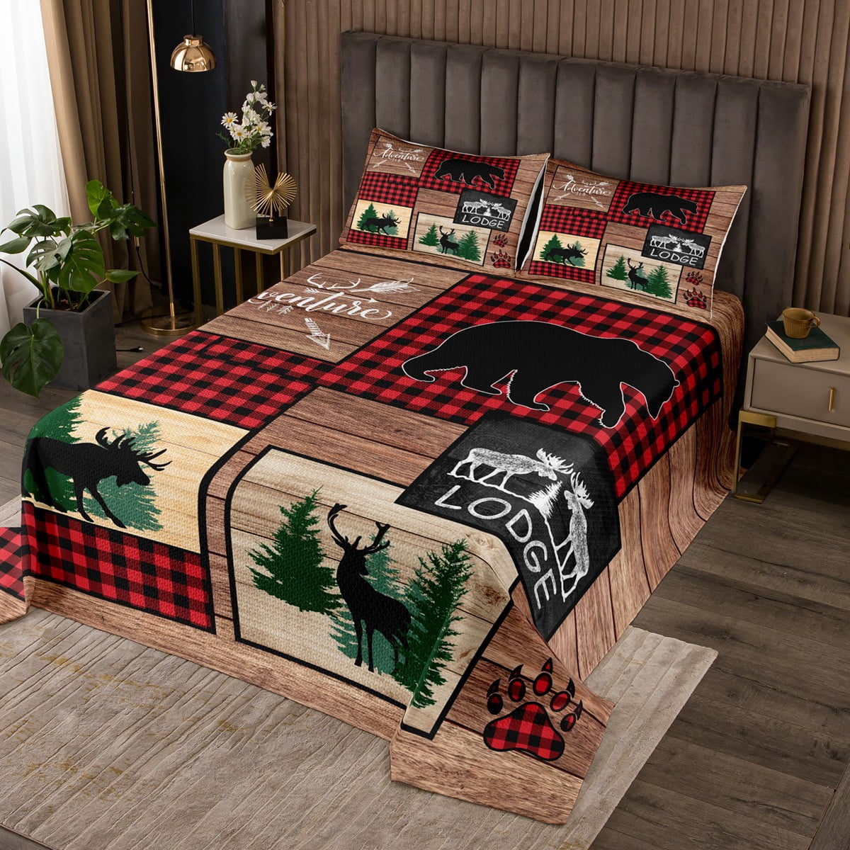 Rustic Cabin Quilt Set, Woodland Deer Bear Coverlet Set King Size Teens ...