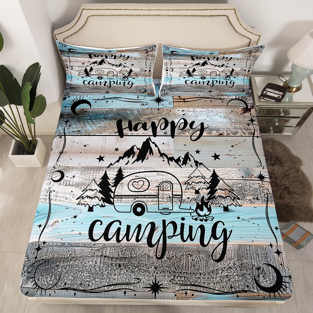 YST Rustic Camper Bed Sheets Full Happy Camping Bunk Bedding Set Boho ...