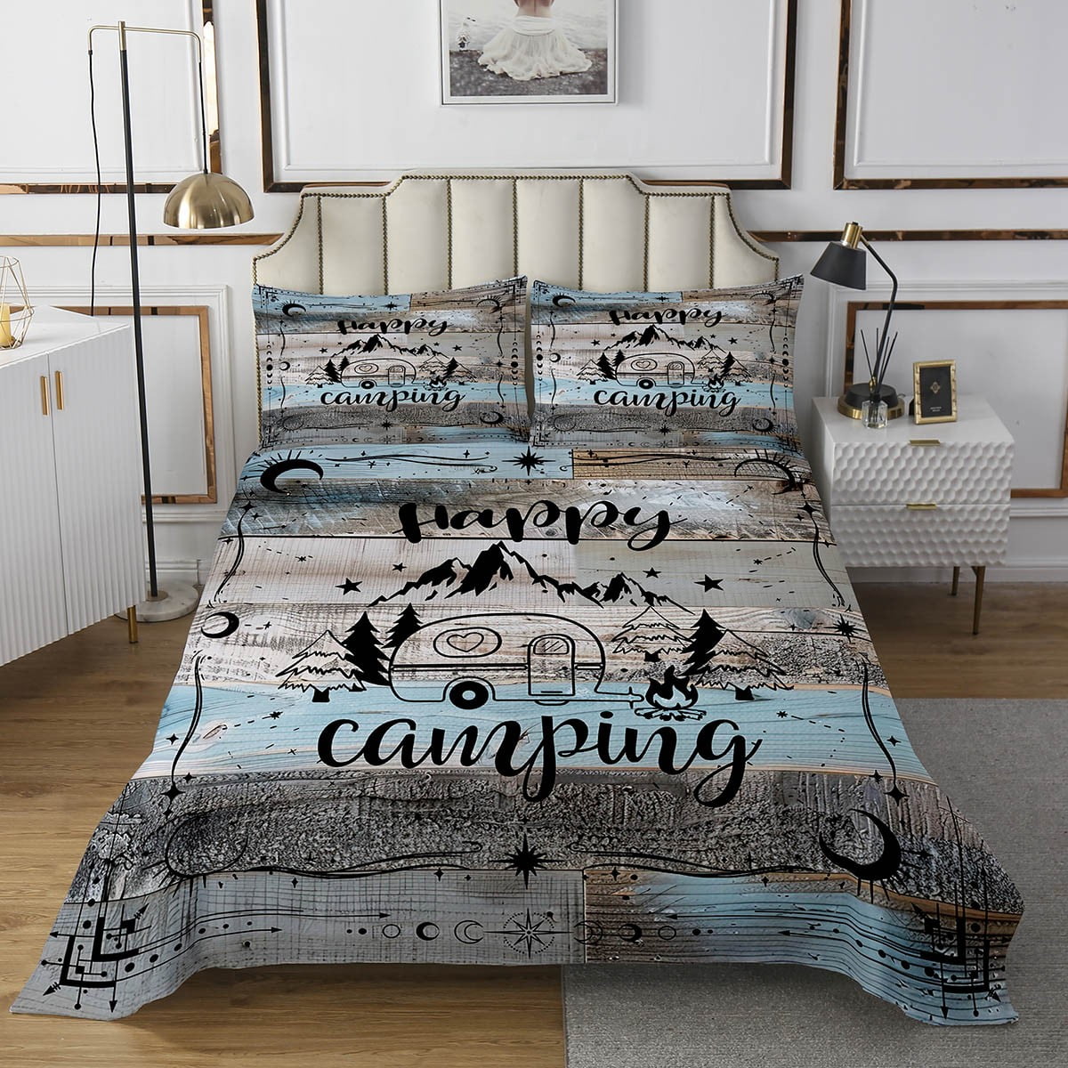 YST Rustic Camper Bedspread Set Queen Happy Camping Bunk Quilt Set Boho Moon Stars Rv Camper ...