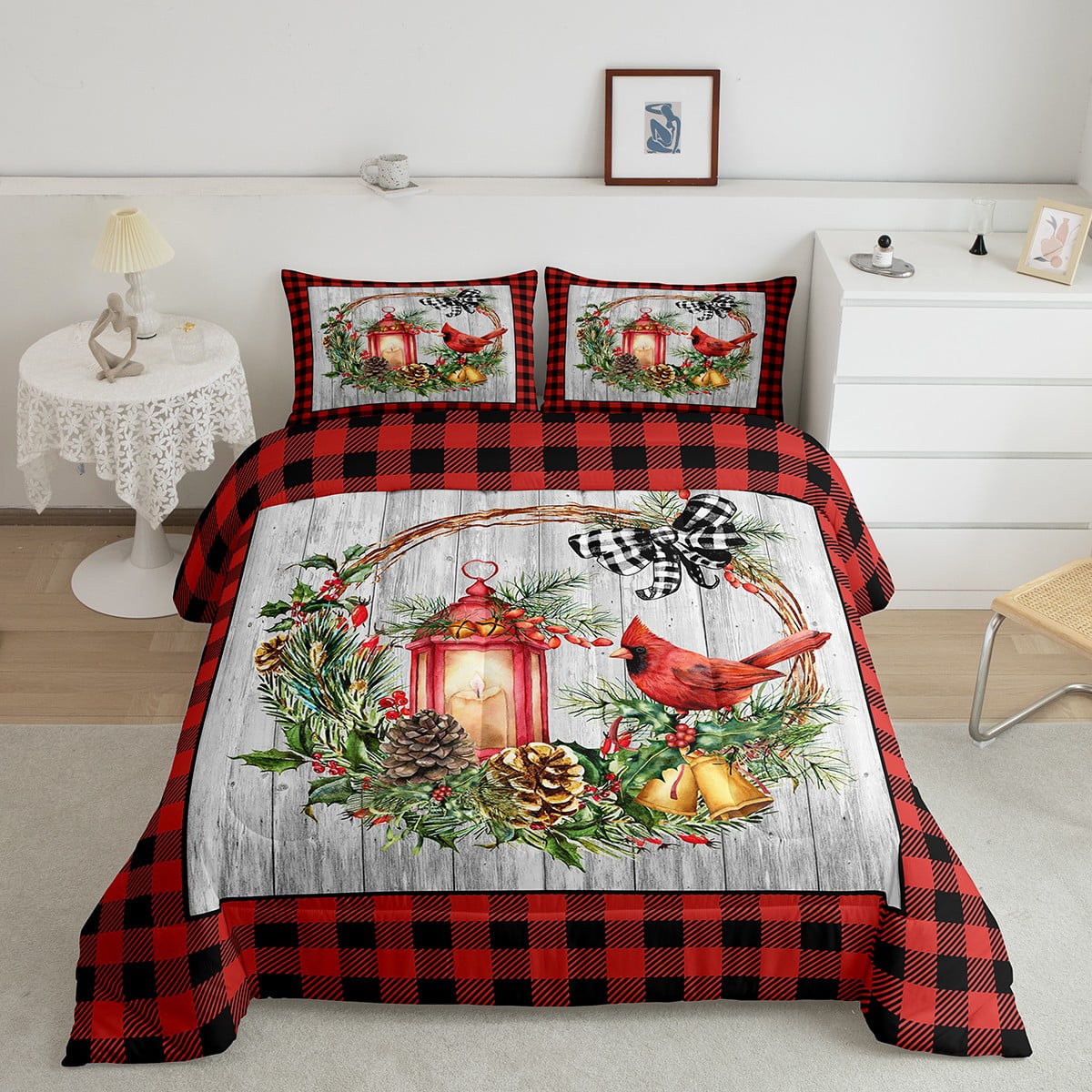 Rustic Cardinal Bird Quilt Bedding Set Merry Christmas Comforter Set ...