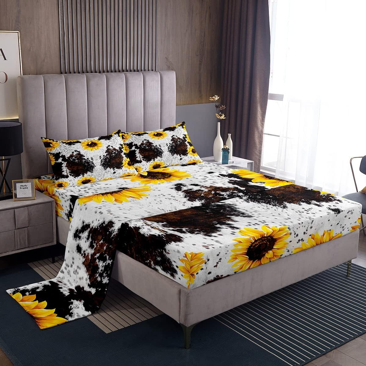 Rustic Cowhide Sheet Set Queen,Sunflower Cow Print Bed Sheet Teens ...