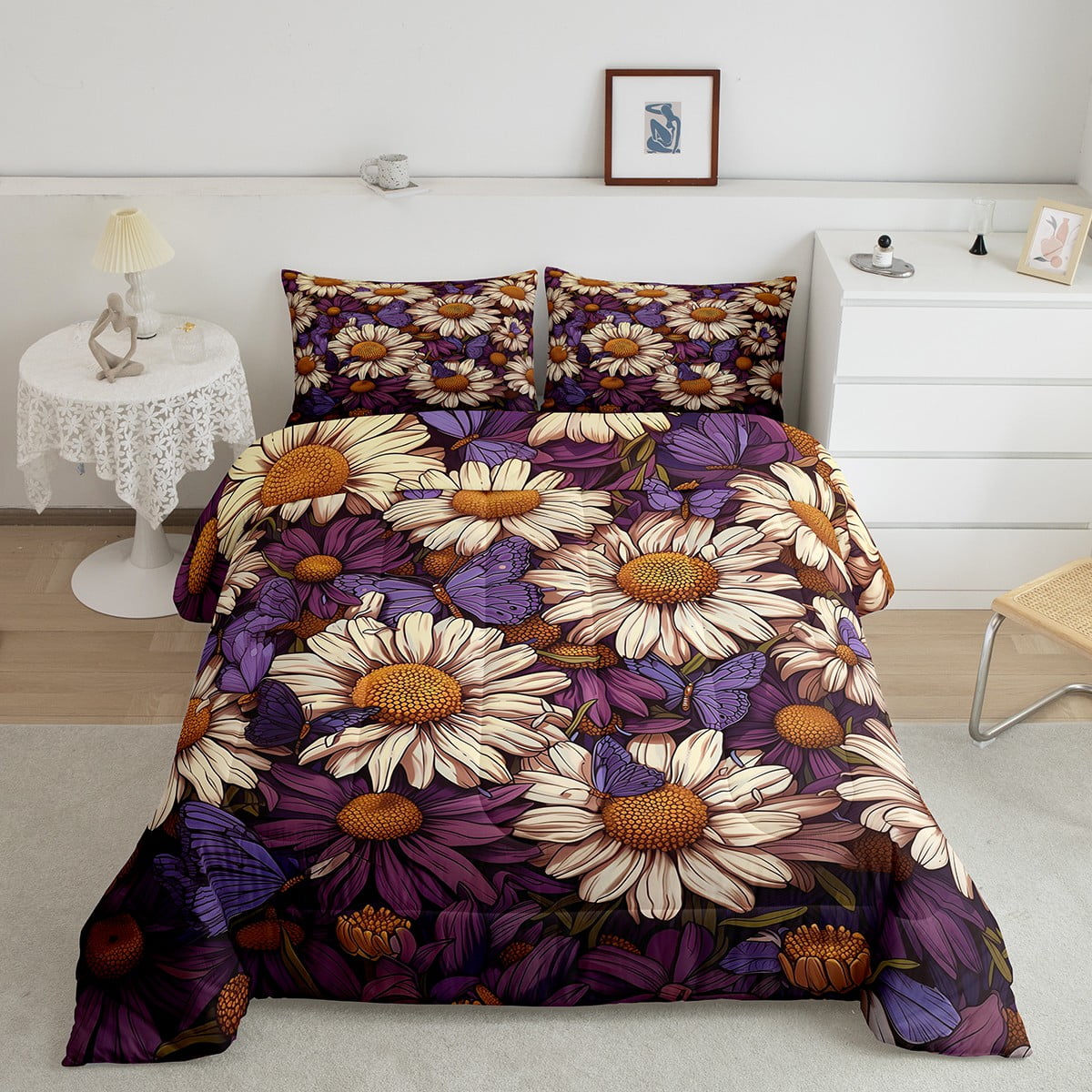 YST Rustic Daisy Bedding Comforter Sets White Purple Daisy Floral Quilt ...
