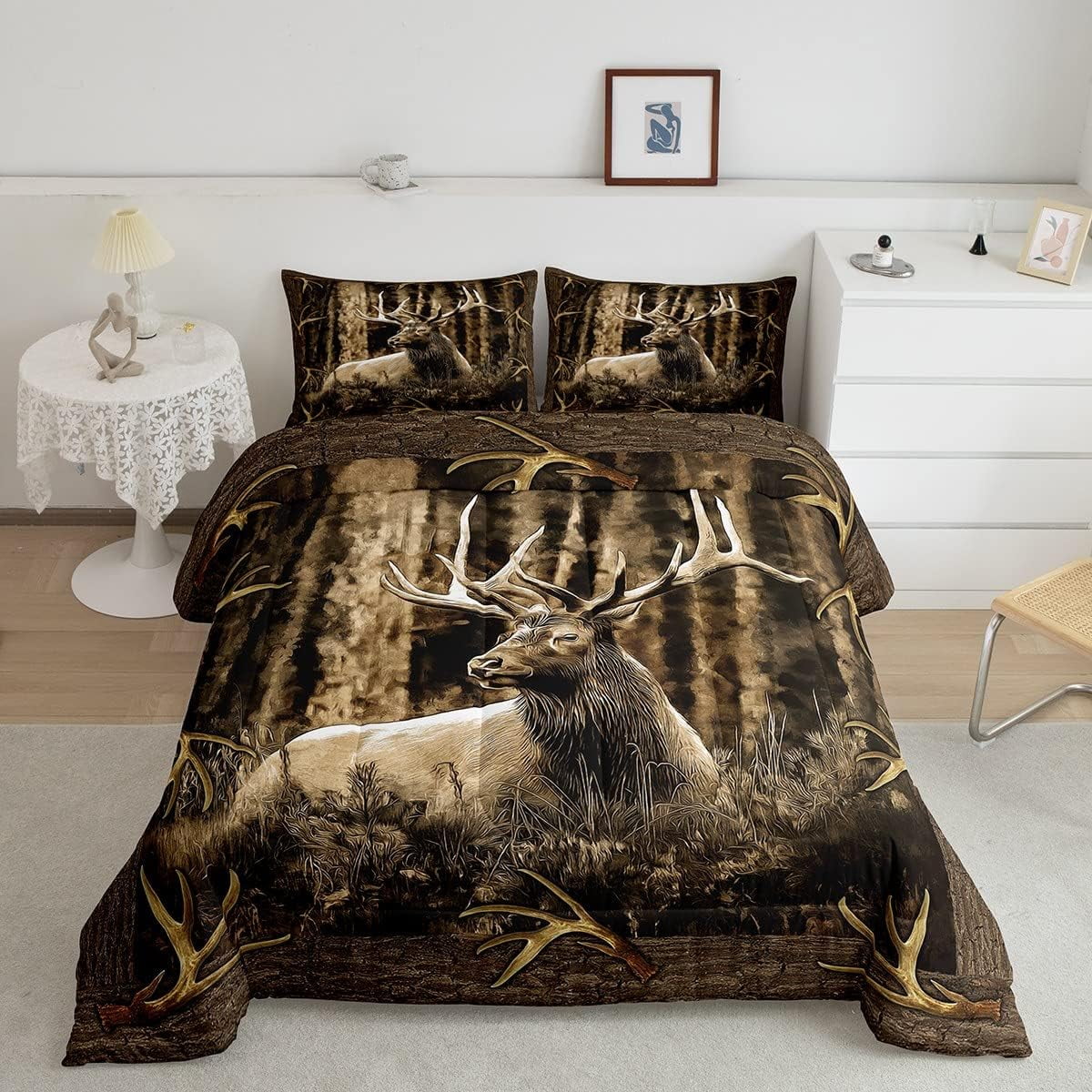 Erosebridal Rustic Deer Comforter Set for Cabin Lodge Vintage Elk Moose ...