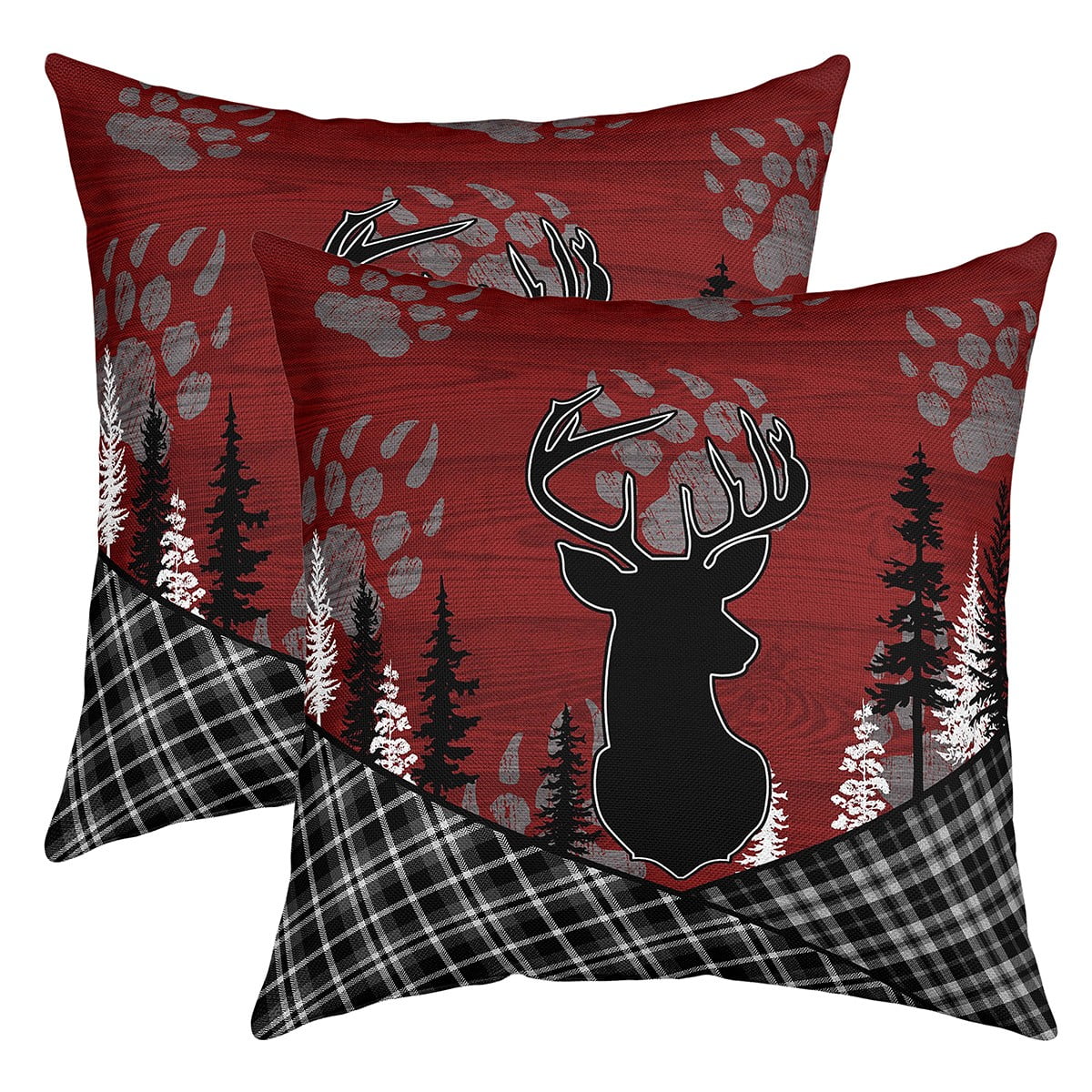 Rustic Deer Pillow Covers 16x16 inch set of 2,Checkered Buffalo Plaid ...