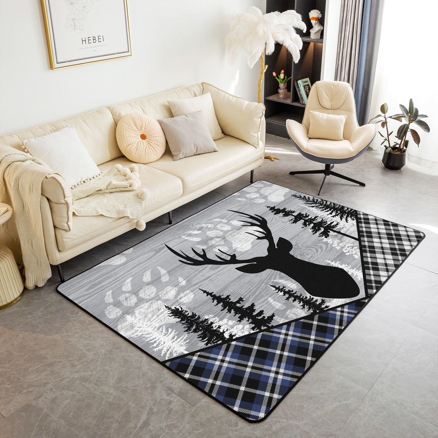 Erosebridal Rustic Elk Deer Area Rug,Checkered Buffalo Plaid Indoor ...