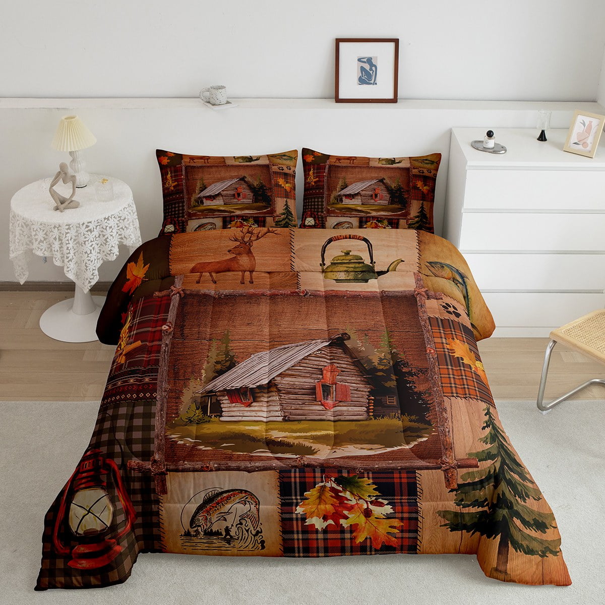 YST Rustic Elk Queen Quilt with 2 Pillow Shams Cabin Wild Animal Moose ...