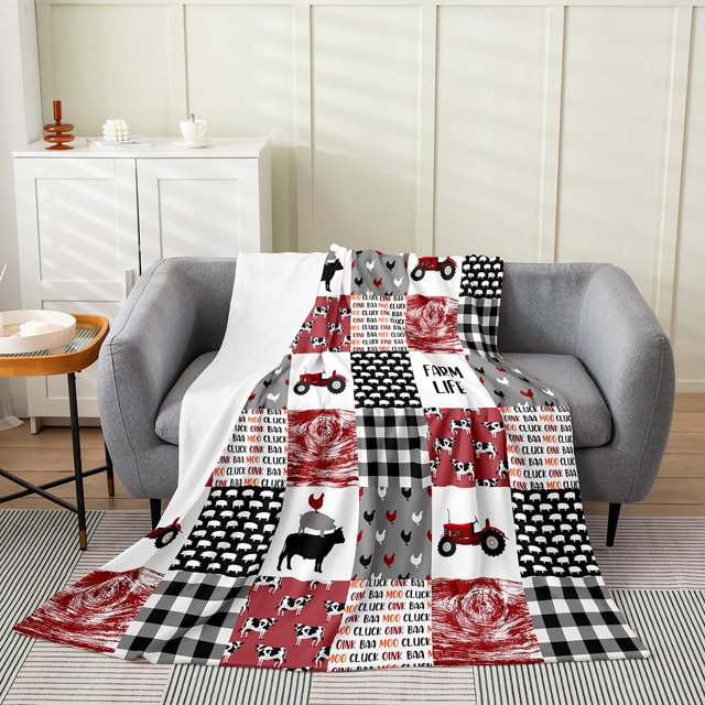 YST Rustic Farm Throw Blanket,Country Cow Chicken Pig Tractor Fleece ...