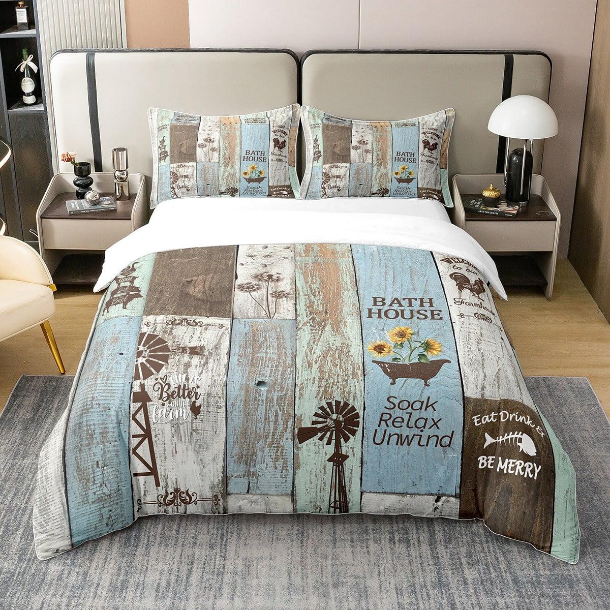 YST Rustic Farmhouse 100% Cotton Duvet Cover Queen,Windmill Bedding Set ...