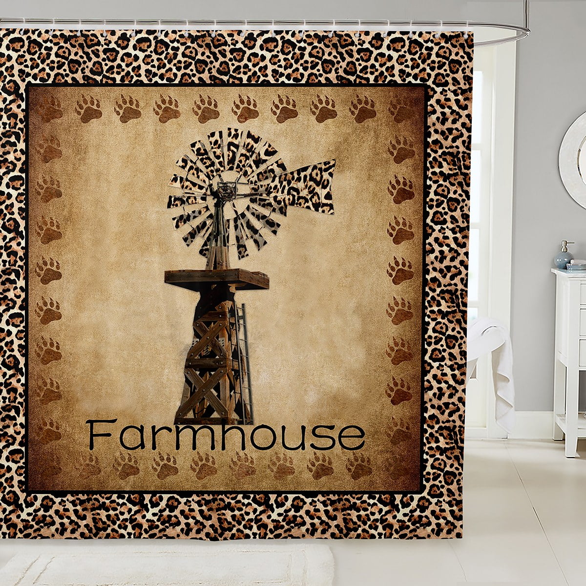YST Rustic Farmhouse Bath Curtain Brown Leopard Print Shower Curtain ...