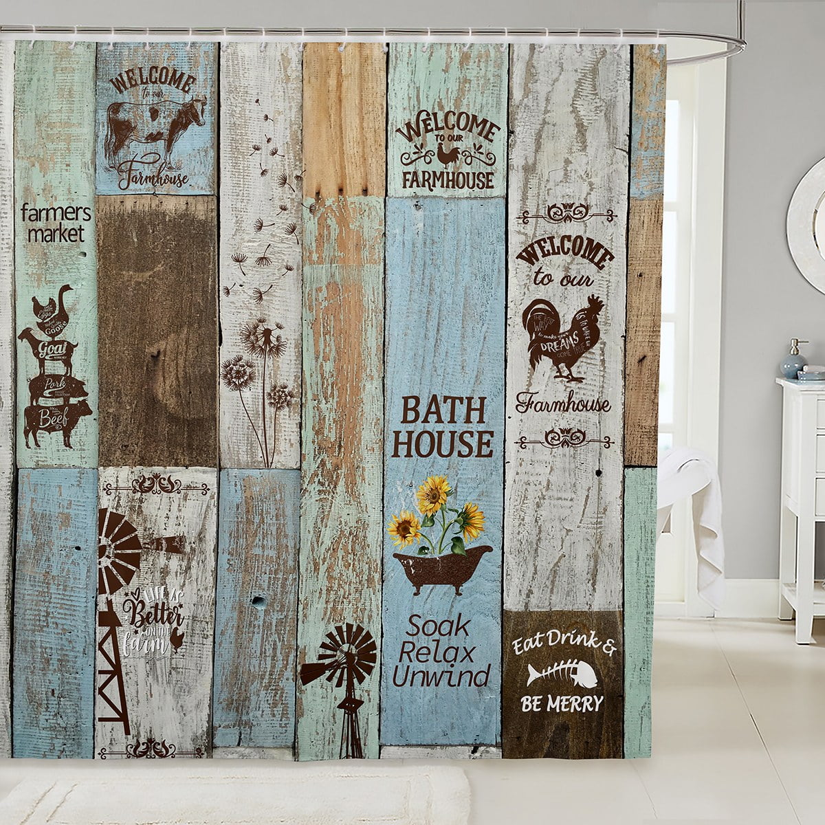 YST Rustic Farmhouse Bathroom Shower Curtain Sets, Windmill Shower Curtain 72" W X 72" L, Cow ...