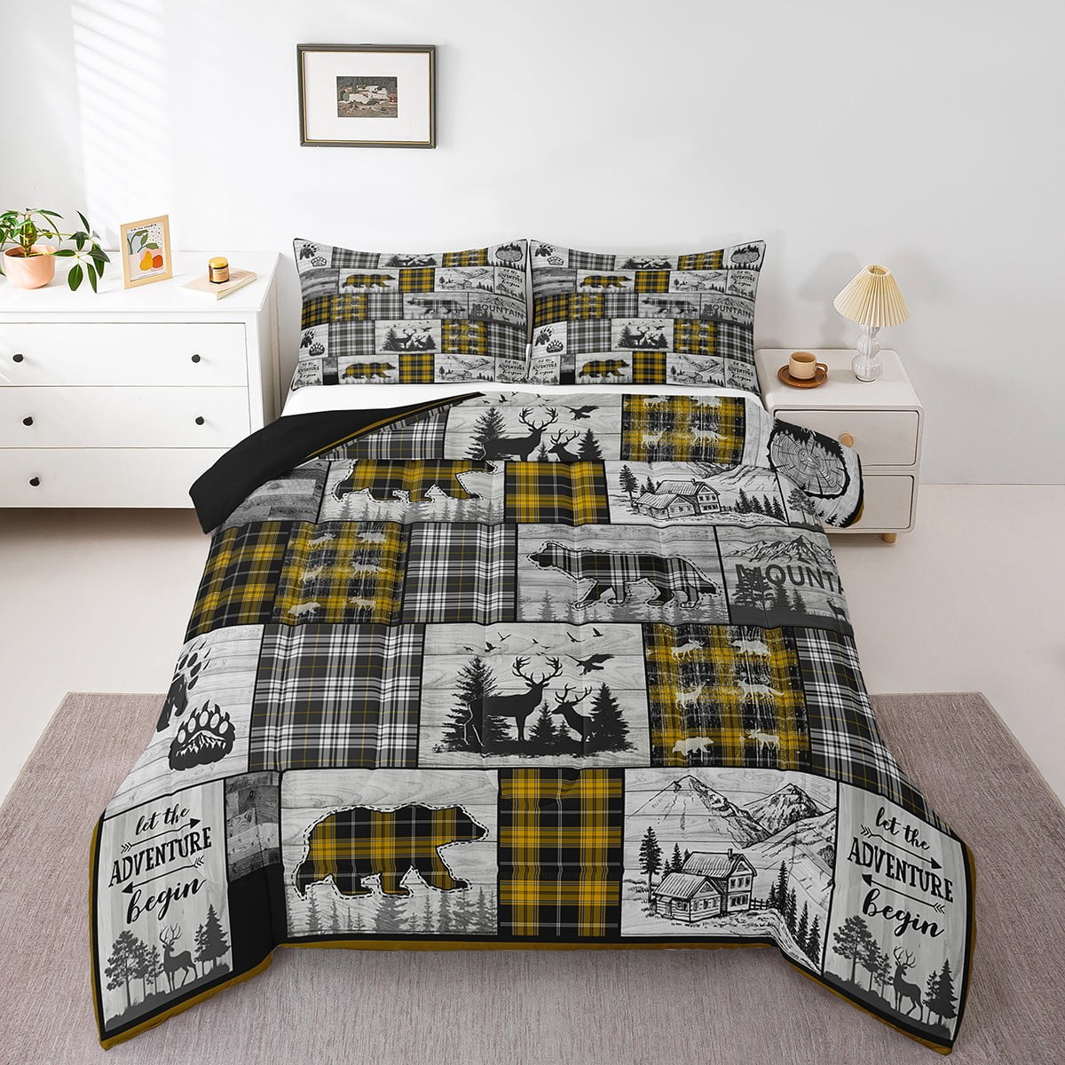 YST Rustic Farmhouse Bedding Comforter Sets Retro Buffalo Plaid Bear ...