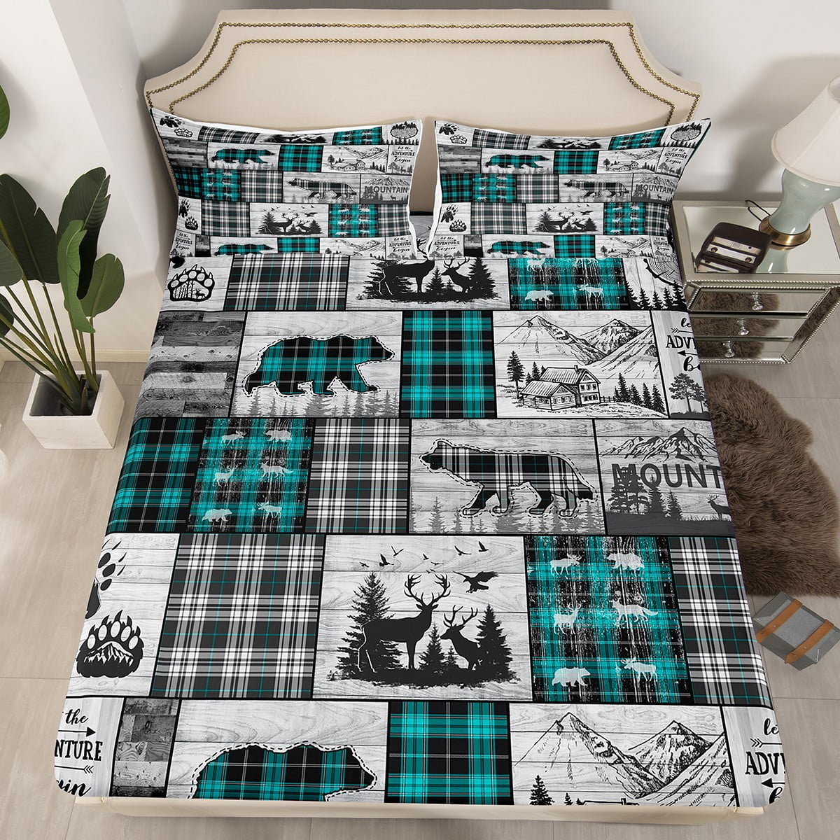 YST Rustic Farmhouse Bedding Sets Hunting Wolf Bear Deer Fitted Sheet ...