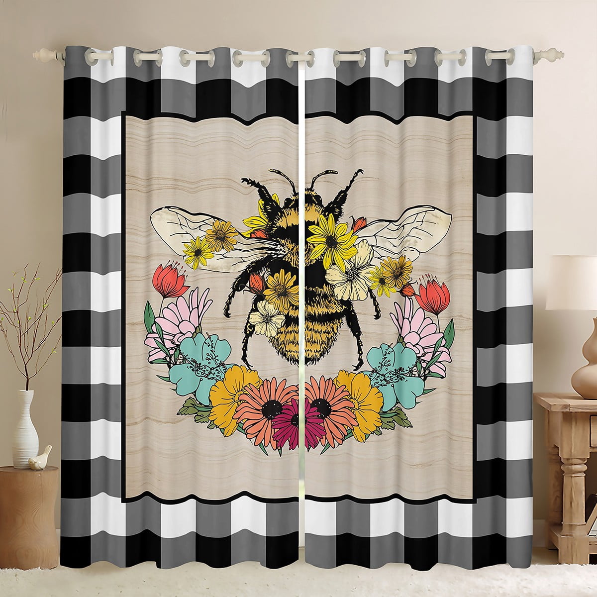 YST Rustic Farmhouse Blackout Curtains Vintage Honey Bee Curtains ...