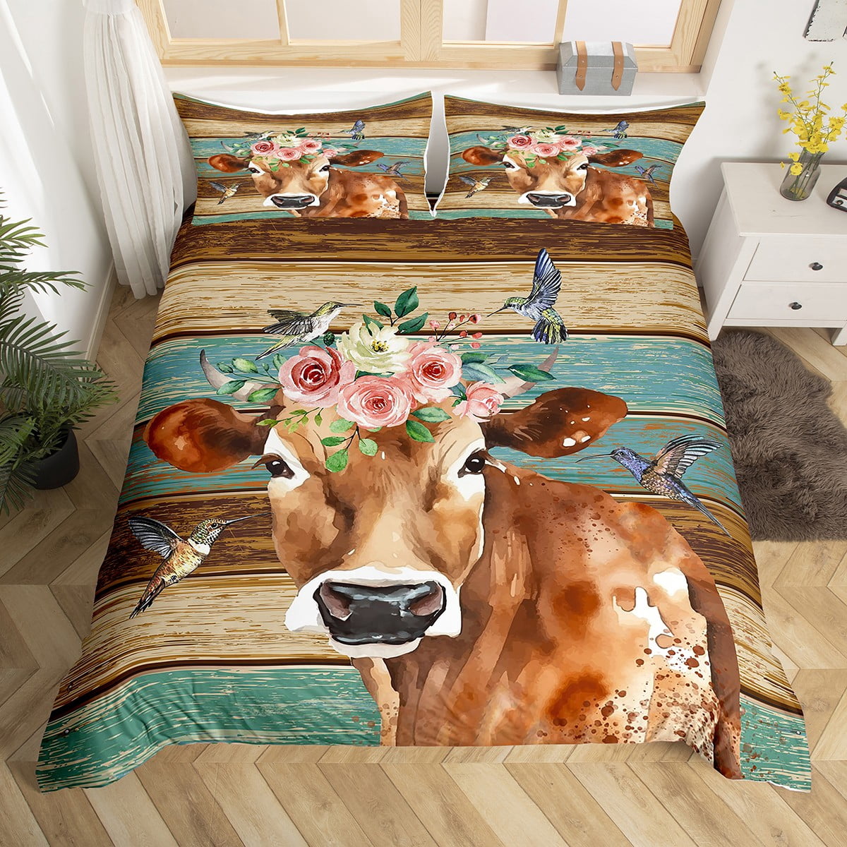 YST Rustic Farmhouse Comforter Cover Brown Bull Cow Print Bedding Set ...