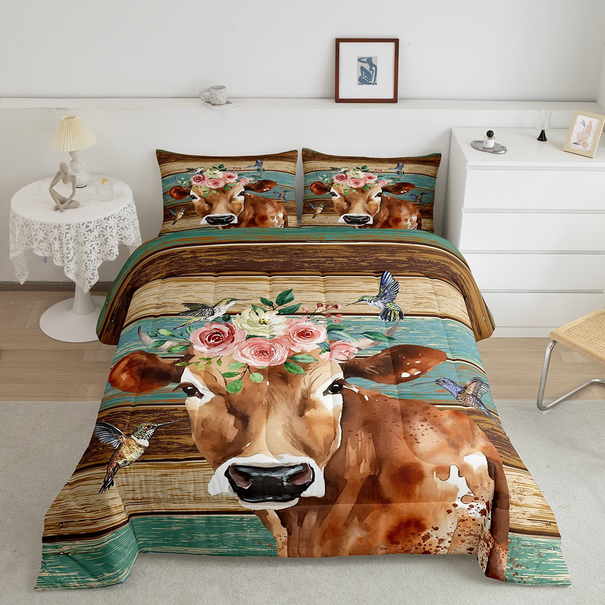 YST Rustic Farmhouse Comforter Set Brown Bull Cow Print Bedding 3Pcs ...