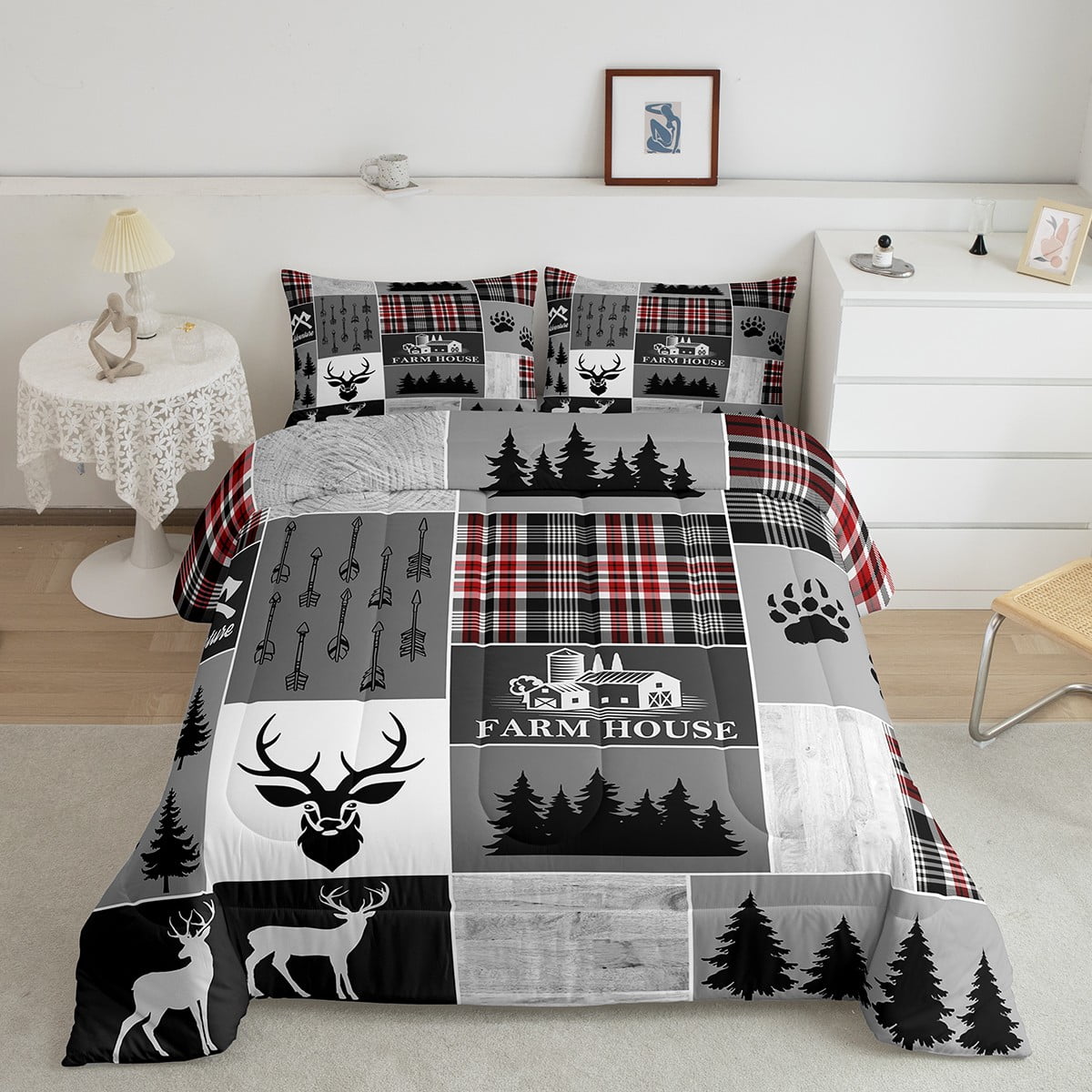 Rustic Farmhouse Comforter Set King, Deer Patchwork Quilt Teens Adult ...